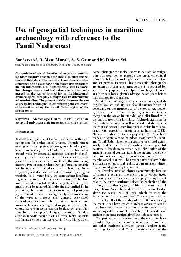 (PDF) Use of Geospatial Techniques in Maritime Archaeology with Reference to the Tamil Nadu Coast