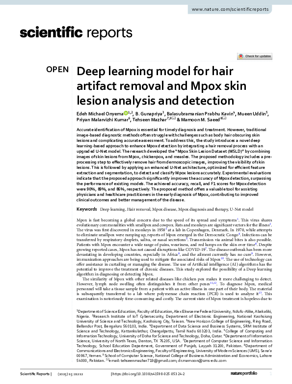 (PDF) Deep learning model for hair artifact removal and Mpox skin ...