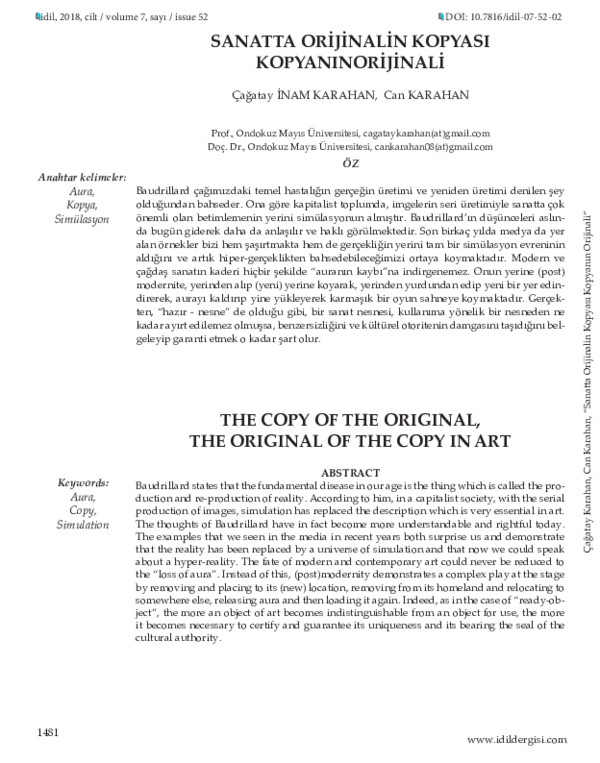(PDF) The Copy of the Original, the Original of the Copy in Art
