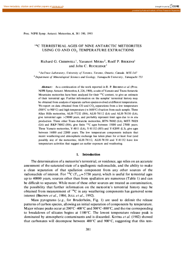 (PDF) 14C terrestrial ages of nine Antarctic meteorites using CO and ...