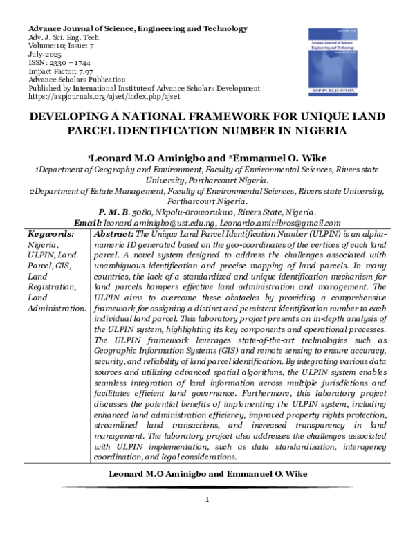 (PDF) DEVELOPING A NATIONAL FRAMEWORK FOR UNIQUE LAND PARCEL ...