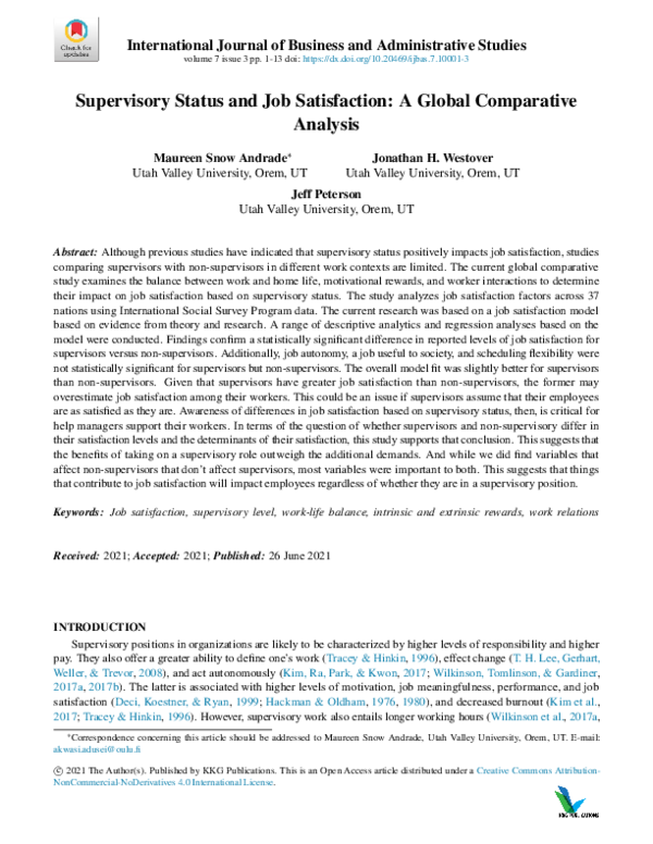 (PDF) Supervisory Status and Job Satisfaction: A Global Comparative ...