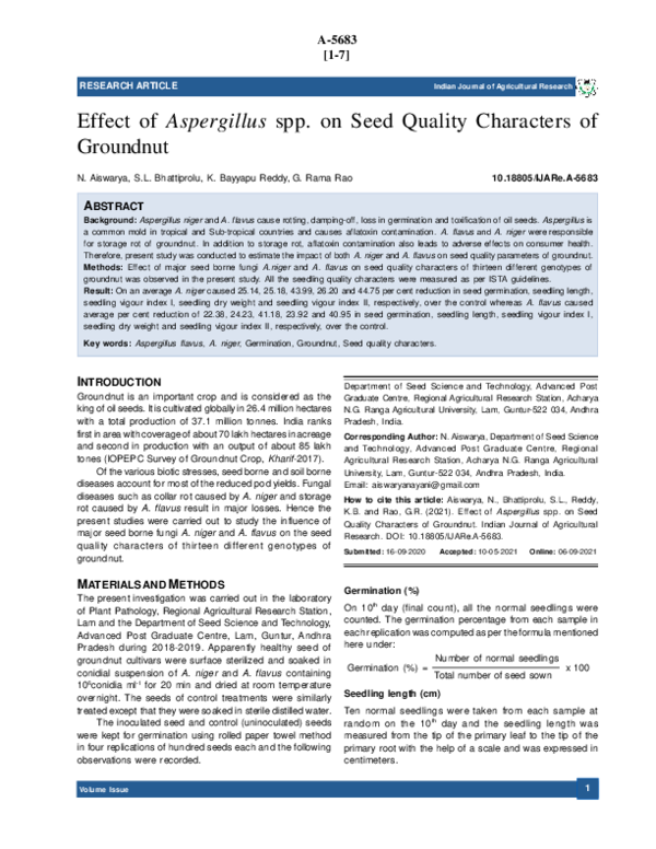 (PDF) Effect of Aspergillus spp. on Seed Quality Characters of Groundnut