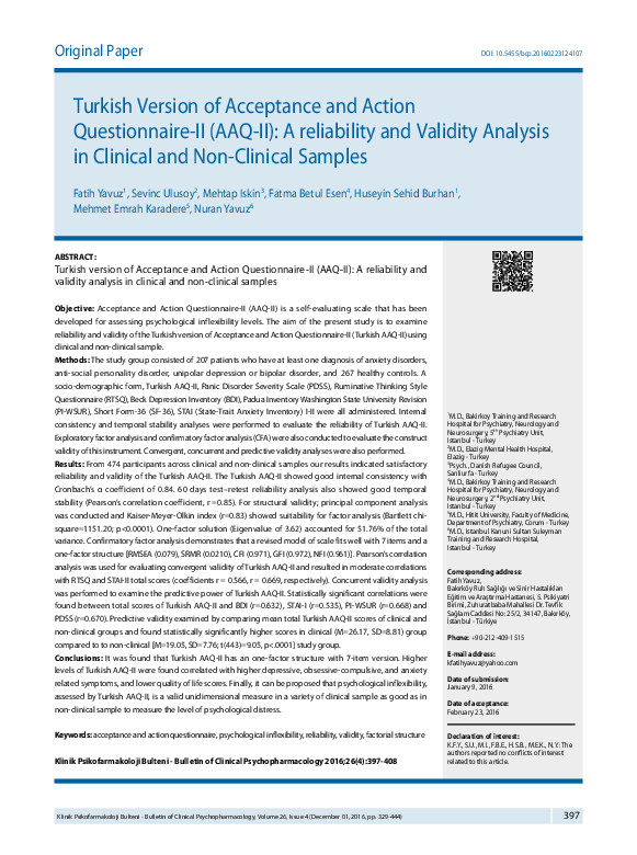 (PDF) Turkish Version of Acceptance and Action Questionnaire-II (AAQ-II): A reliability and ...