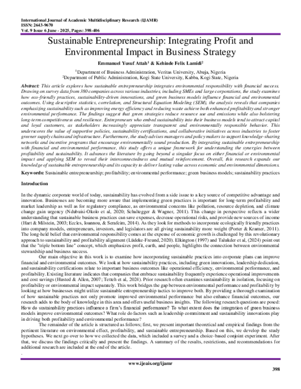 (PDF) Sustainable Entrepreneurship: Integrating Profit and ...