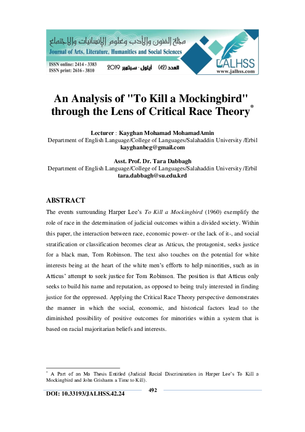 (PDF) An Analysis of "To Kill a Mockingbird" through the Lens of ...
