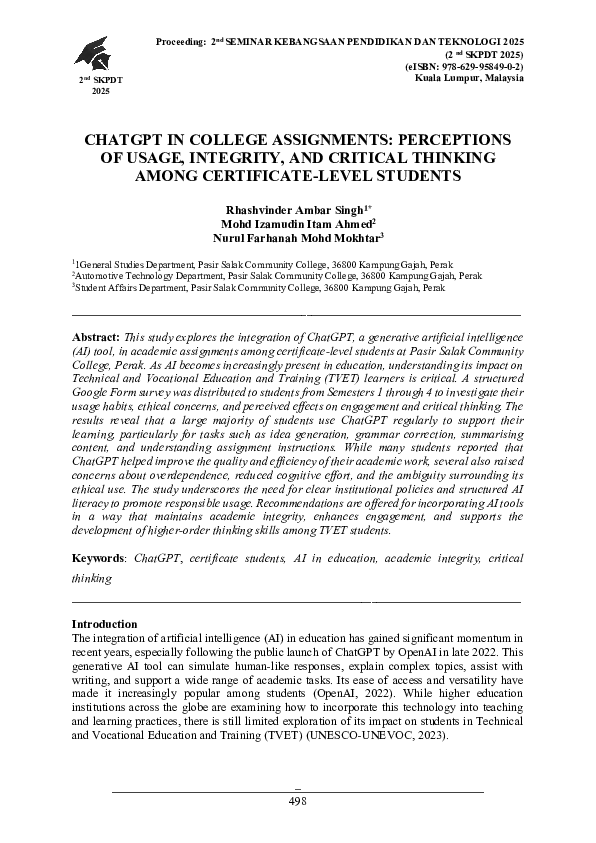 (PDF) CHATGPT IN COLLEGE ASSIGNMENTS PERCEPTIONS OF USAGE INTEGRITY AND CRITICAL THINKING AMONG ...