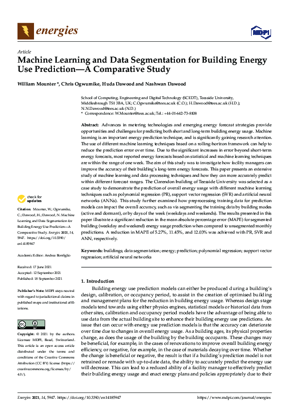 (PDF) Machine Learning and Data Segmentation for Building Energy Use Prediction—A Comparative Study