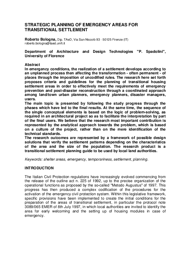 (PDF) Strategic Planning of Emergency Areas for Transitional Settlement