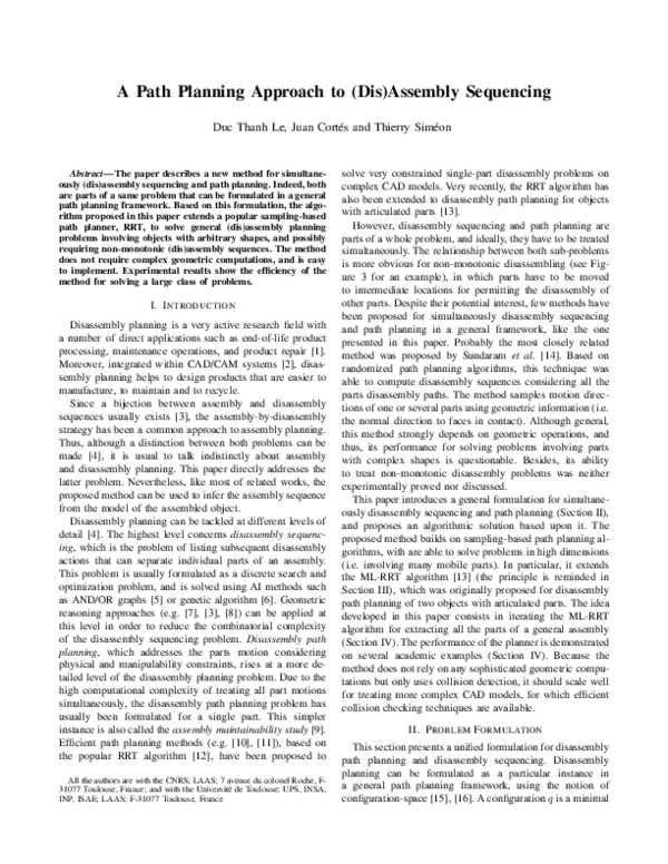 (PDF) A path planning approach to (dis)assembly sequencing