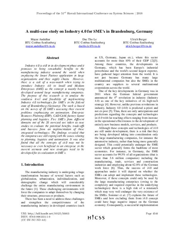 (PDF) A multi-case study on Industry 4.0 for SME’s in Brandenburg, Germany
