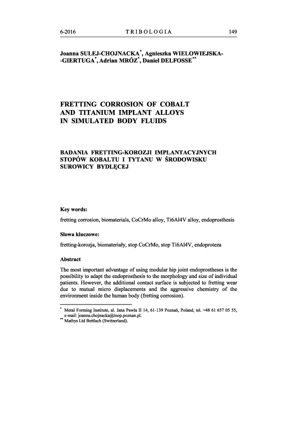 (PDF) Fretting Corrosion of Cobalt and Titanium Implant Alloys in ...