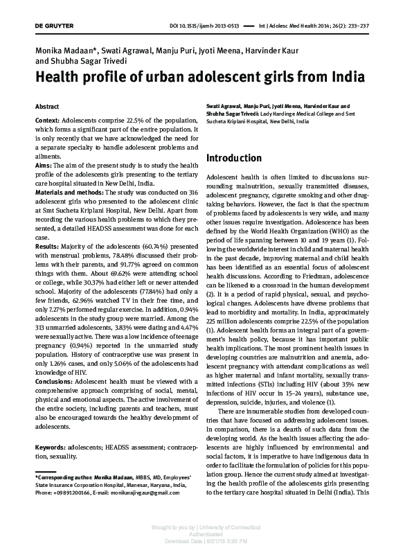(PDF) Health profile of urban adolescent girls from India