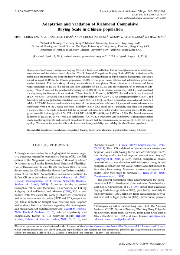 (PDF) Adaptation and validation of Richmond Compulsive Buying Scale in ...
