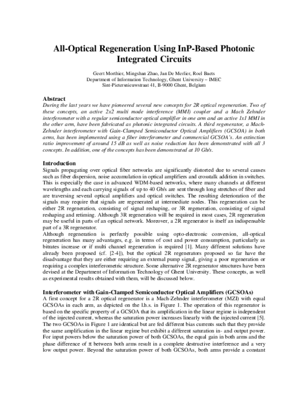 (PDF) All-Optical Regeneration Using InP-Based Photonic Integrated Circuits