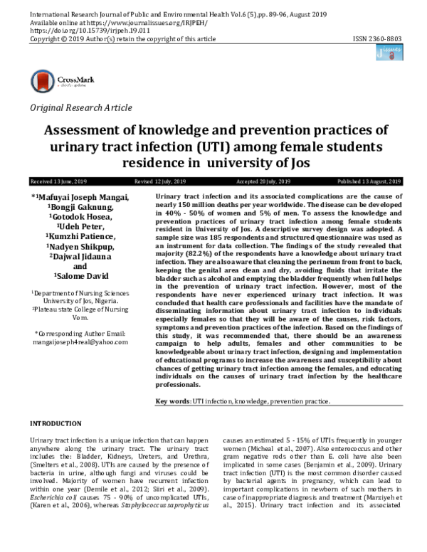 (PDF) Assessment of knowledge and prevention practices of urinary tract ...
