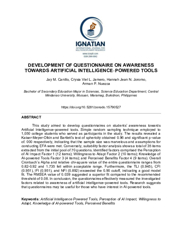(PDF) DEVELOPMENT OF QUESTIONNAIRE ON AWARENESS TOWARDS ARTIFICIAL ...