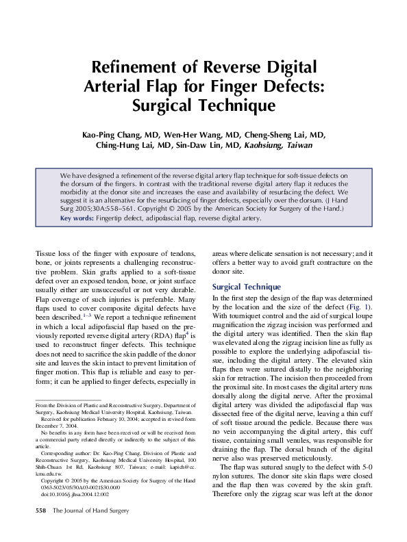 (PDF) Refinement of Reverse Digital Arterial Flap for Finger Defects ...