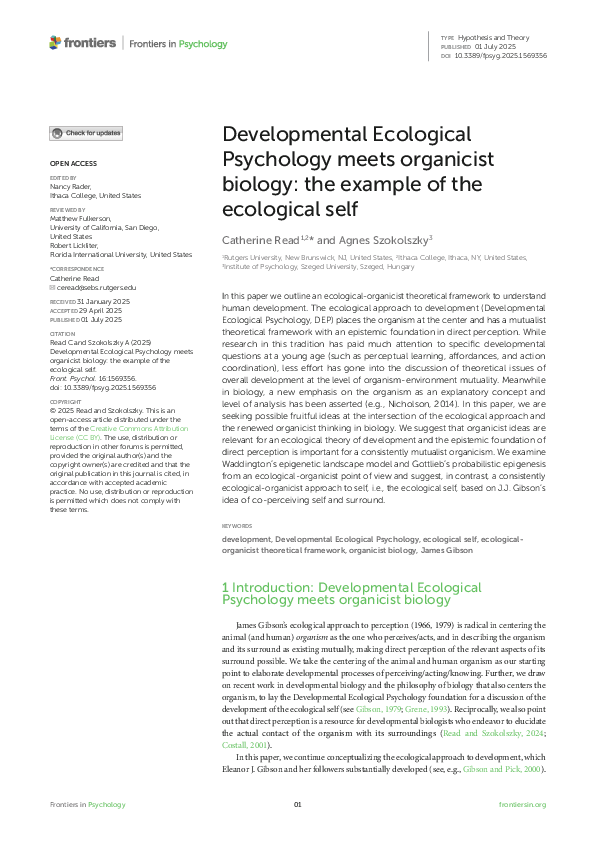 (PDF) Developmental Ecological Psychology meets organicist biology