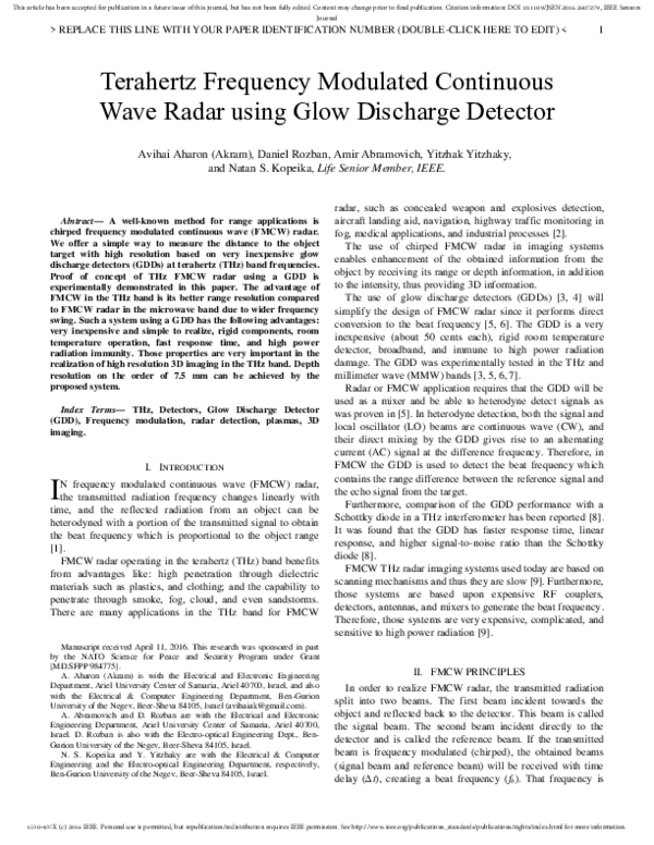 (PDF) Terahertz Frequency Modulated Continuous Wave Radar using Glow Discharge Detector