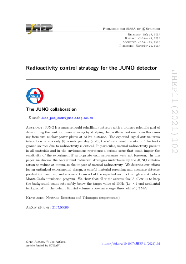 (PDF) Radioactivity control strategy for the JUNO detector