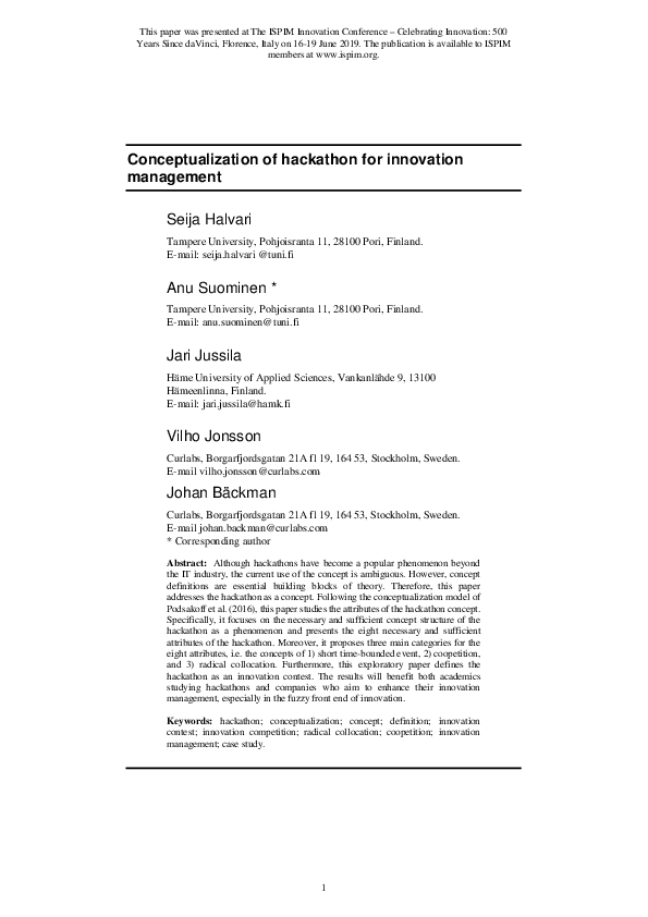 (PDF) Conceptualization of hackathon for innovation management