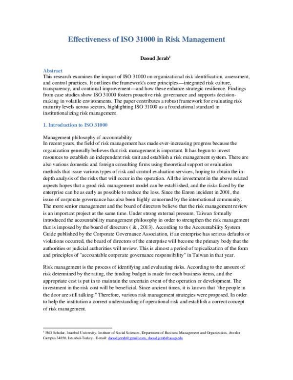 (PDF) Effectiveness of ISO 31000 in Risk Management