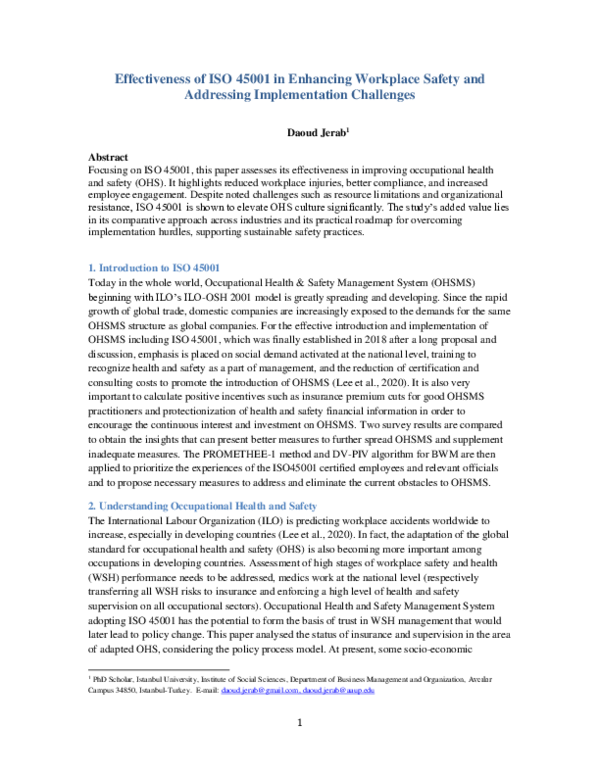 (PDF) Effectiveness of ISO 45001 in Enhancing Workplace Safety and ...