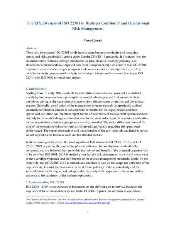 (PDF) The Effectiveness of ISO 22301 in Business Continuity and Operational Risk Management