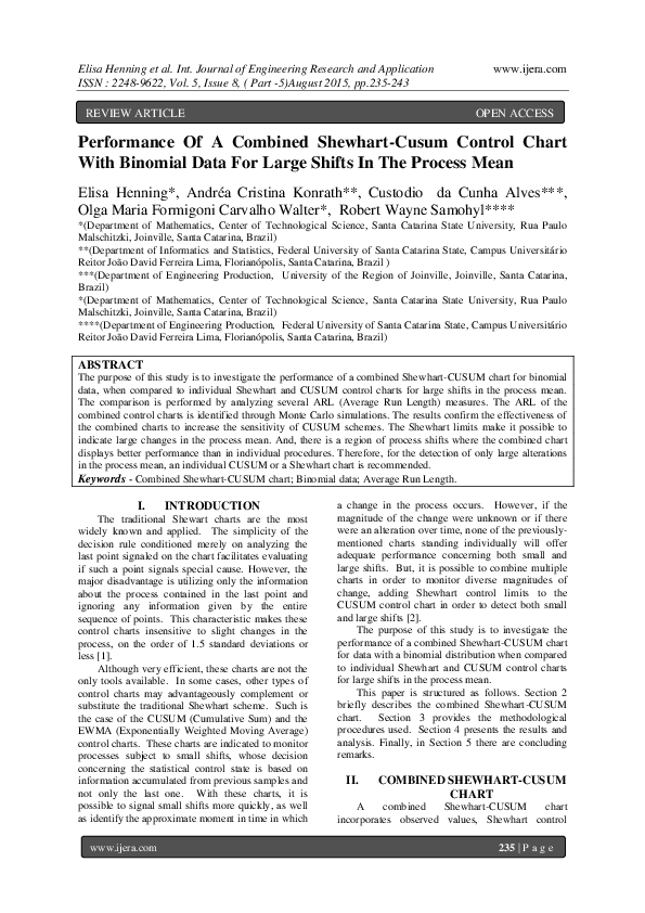 (PDF) Performance Of A Combined Shewhart-Cusum Control Chart With Binomial Data For Large Shifts ...