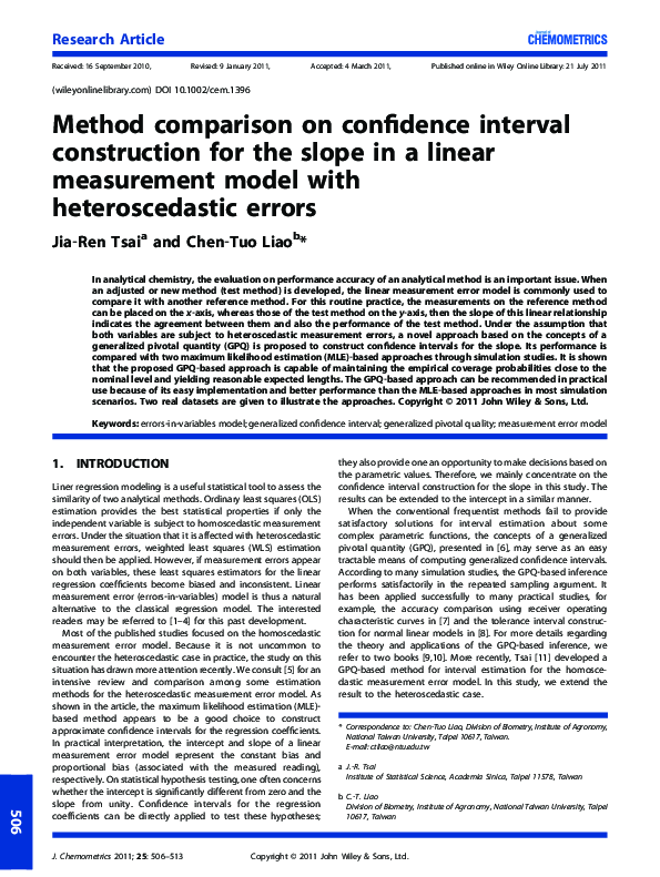 (PDF) Method comparison on confidence interval construction for the slope in a linear ...