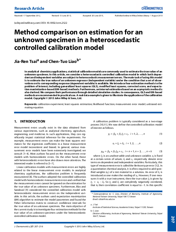 (PDF) Method comparison on estimation for an unknown specimen in a heteroscedastic controlled ...