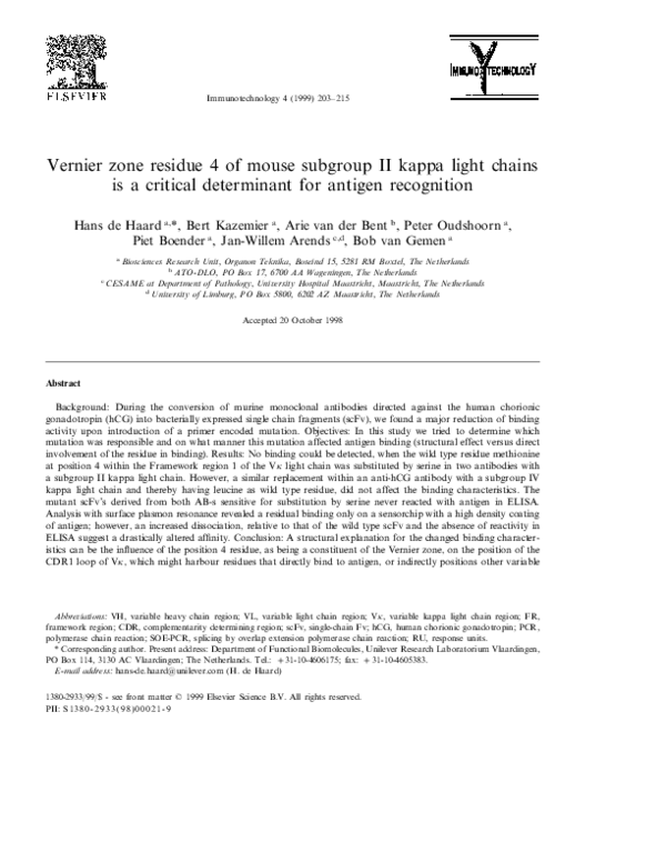 (PDF) Vernier zone residue 4 of mouse subgroup II kappa light chains is ...