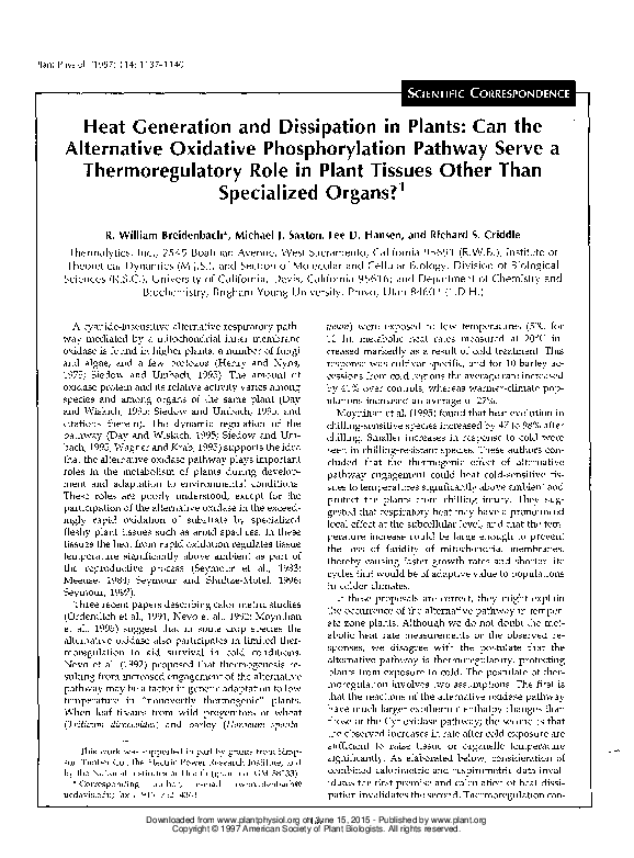 (PDF) Heat Generation and Dissipation in Plants: Can the Alternative ...