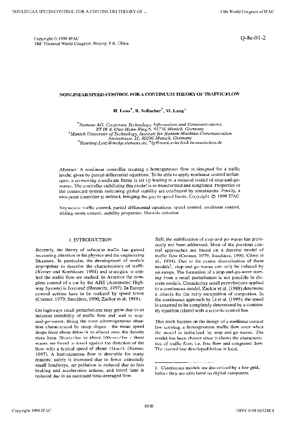 (PDF) Nonlinear Speed-control for a Continuum Theory of Traffic Flow