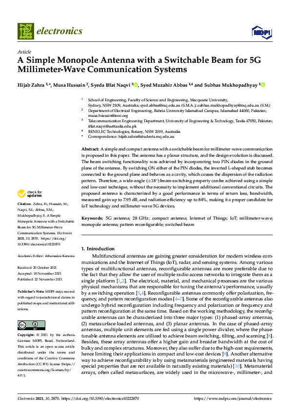(PDF) A Simple Monopole Antenna with a Switchable Beam for 5G Millimeter-Wave Communication Systems
