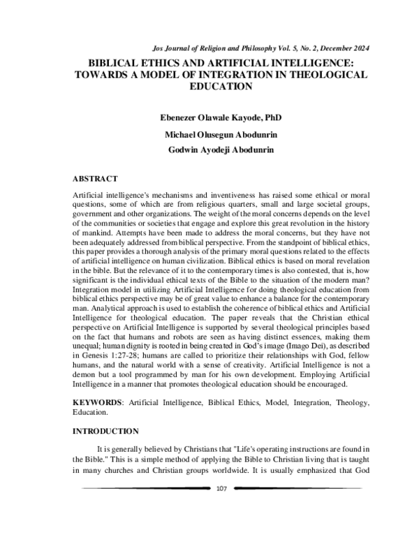 (PDF) BIBLICAL ETHICS AND ARTIFICIAL INTELLIGENCE: TOWARDS A MODEL OF ...