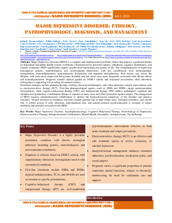 (PDF) Major Depressive Disorder: Etiology, Pathophysiology, Diagnosis ...