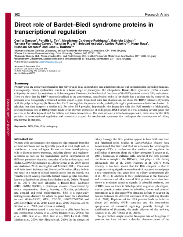 (PDF) Direct role of Bardet–Biedl syndrome proteins in transcriptional ...