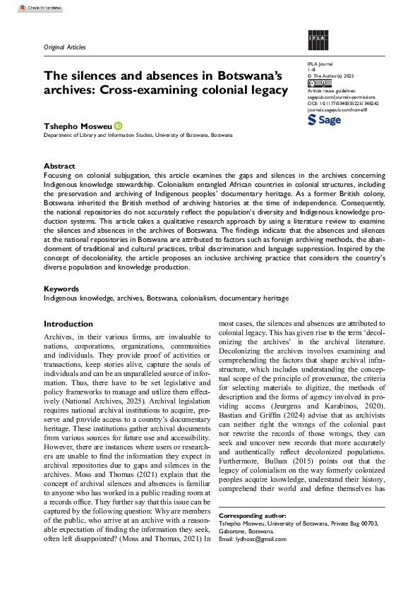 (PDF) The silences and absences in Botswana's archives: Cross-examining ...