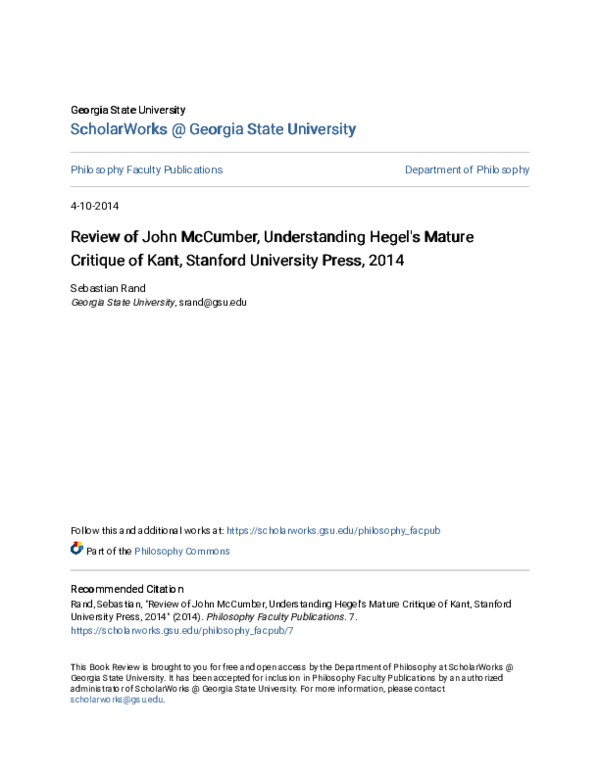 (PDF) Review of John McCumber, Understanding Hegel's Mature Critique of ...