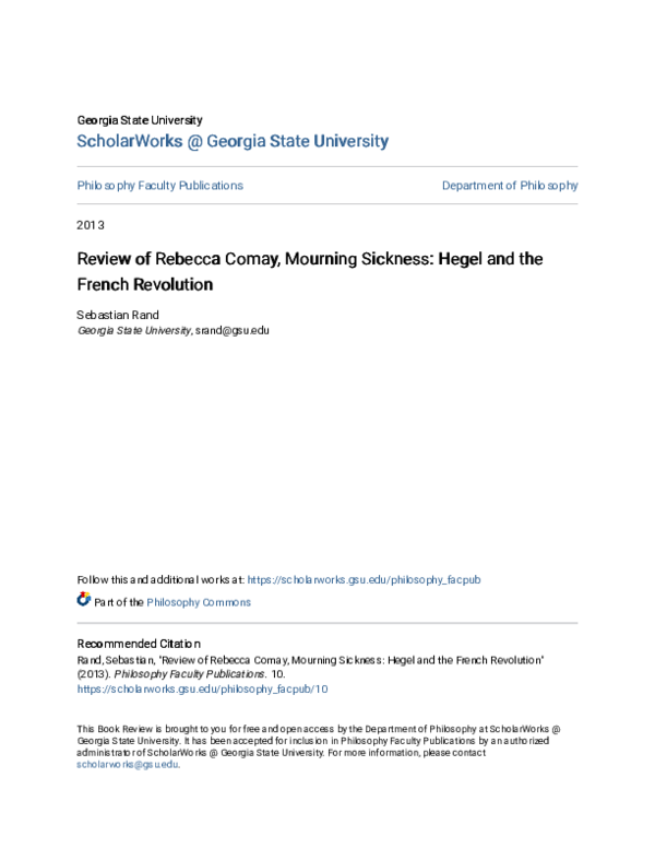 (PDF) Review of Rebecca Comay, Mourning Sickness: Hegel and the French ...
