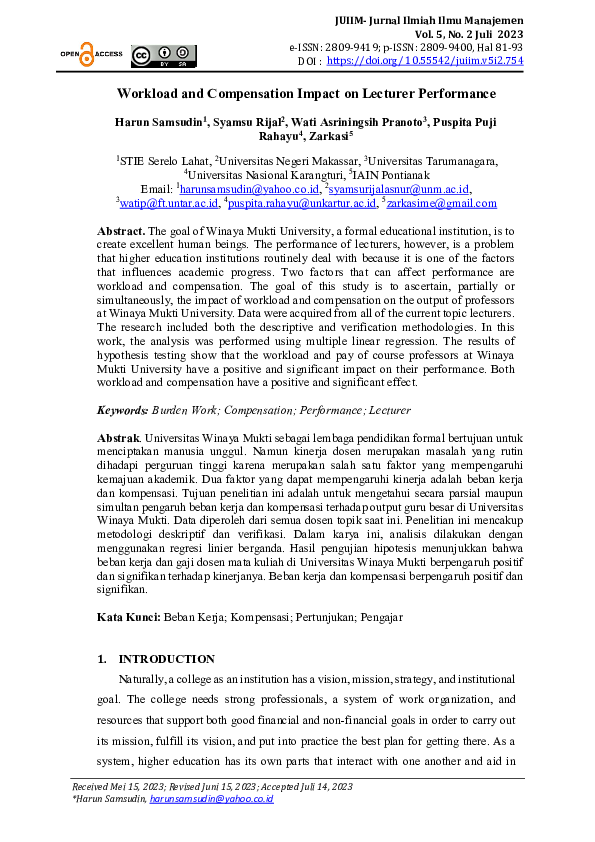 (PDF) Workload and Compensation Impact on Lecturer Performance