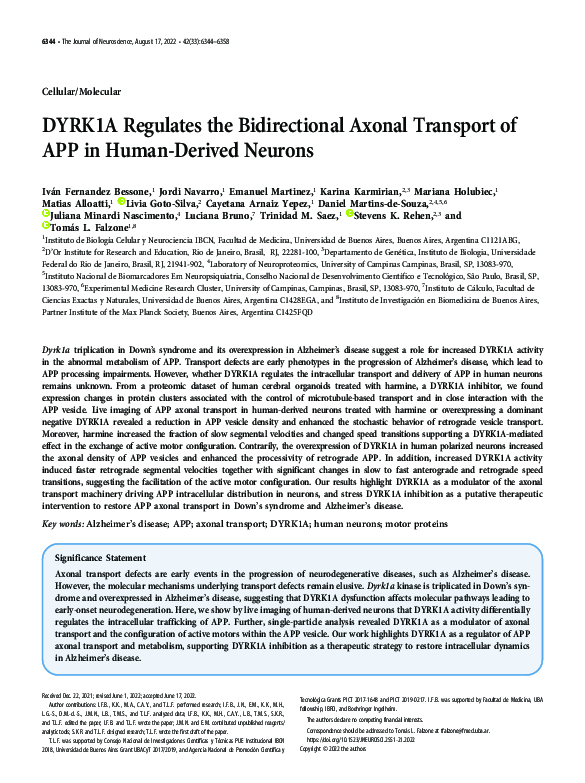 (PDF) DYRK1A Regulates the Bidirectional Axonal Transport of APP in ...