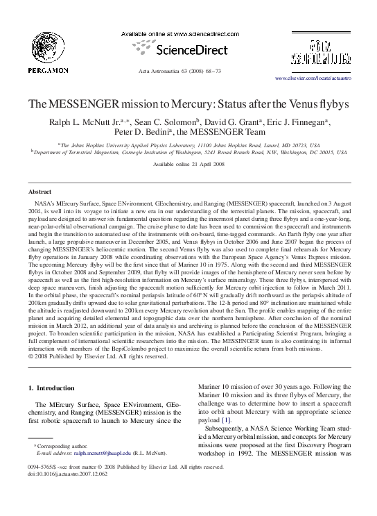 (PDF) The MESSENGER mission to Mercury: Status after the Venus flybys
