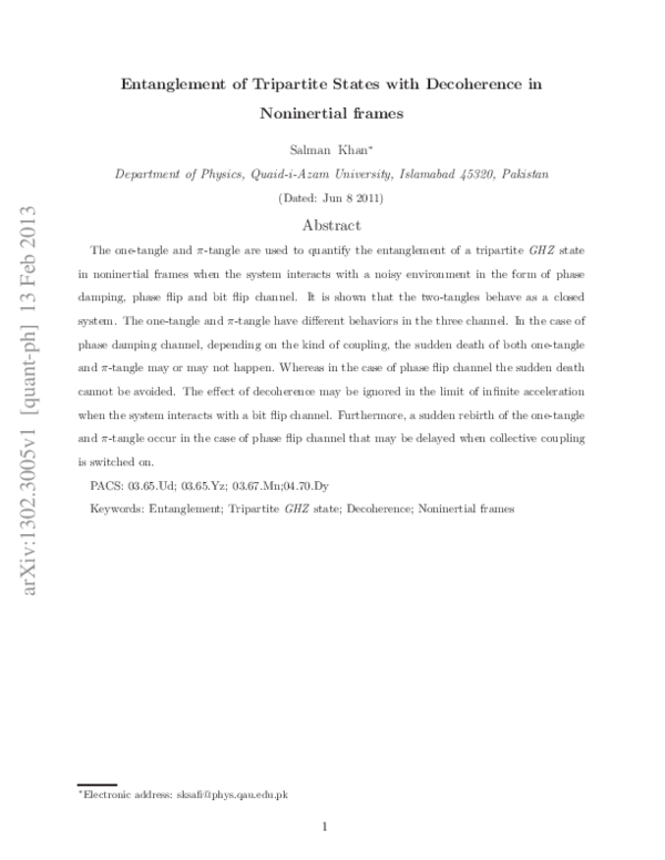 (PDF) Entanglement of tripartite states with decoherence in non ...