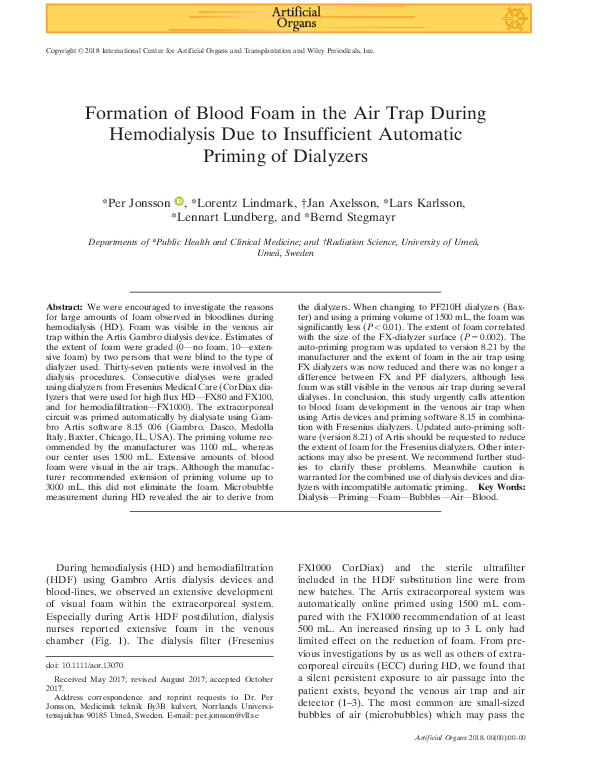 (PDF) Formation of Blood Foam in the Air Trap During Hemodialysis Due ...