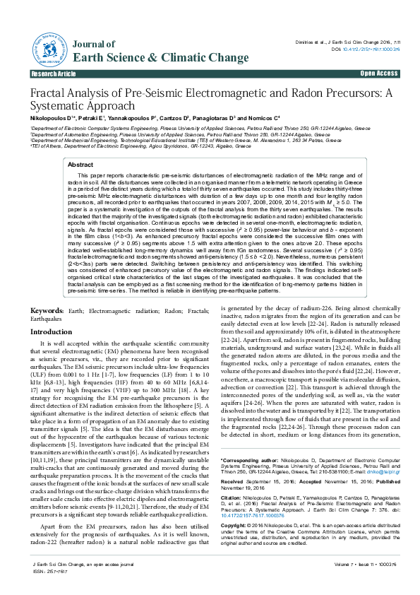 (PDF) Fractal Analysis of Pre-Seismic Electromagnetic and Radon Precursors: A Systematic Approach