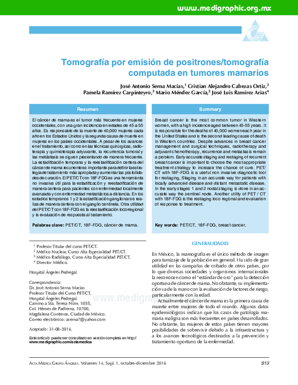 (PDF) Tomografía por emisión de positrones/tomografía computada en tumores mamarios