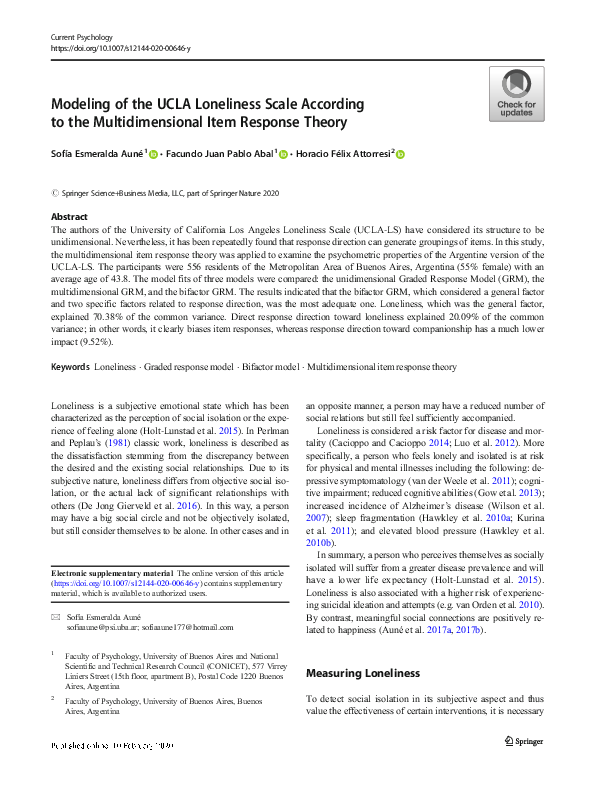 (PDF) Modeling of the UCLA Loneliness Scale According to the ...